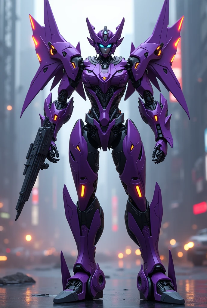 Generate an image of a female Transformers inspired by a purple fighter ...