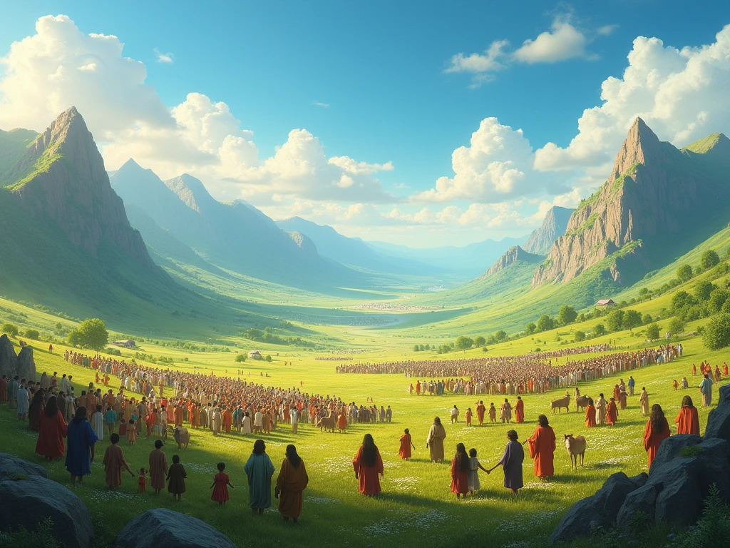 Noah A vibrant scene showing a large gathering of families and ren ...