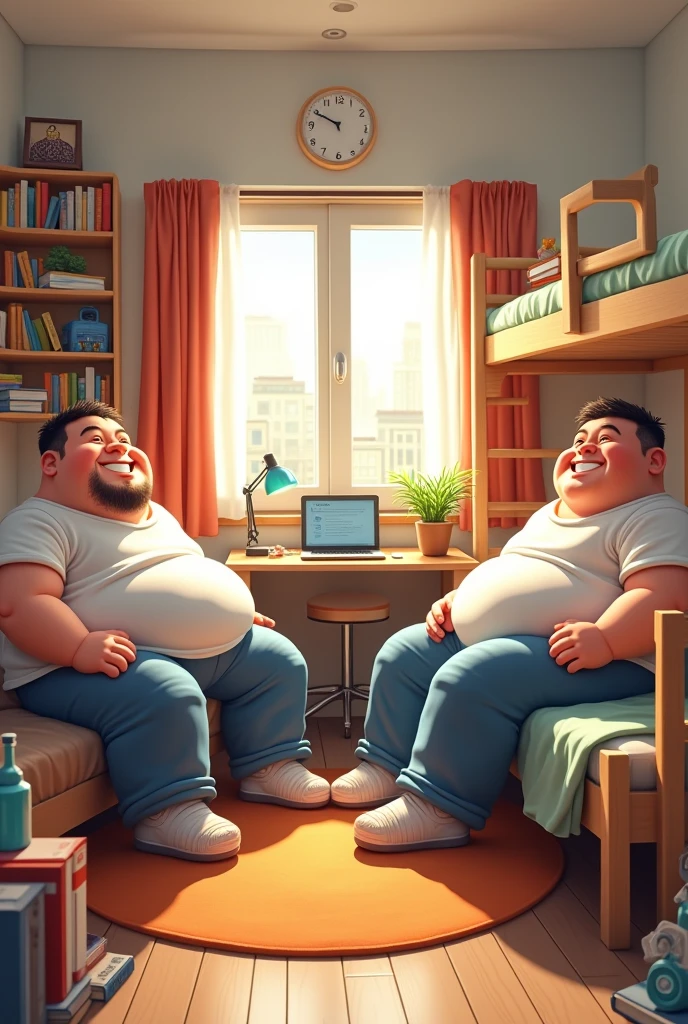 4 fat men are happily relaxing in a 4-person room in a student ...