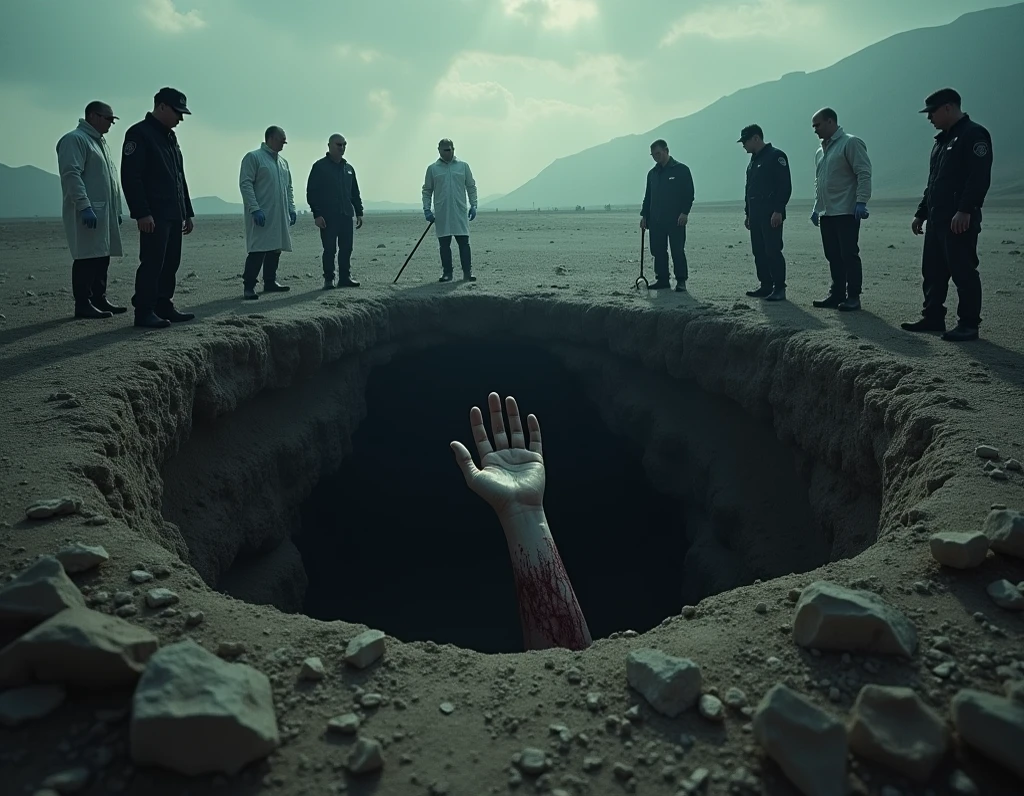 Visualize a terrifying scene in a desolate terrain , where a deep hole ...