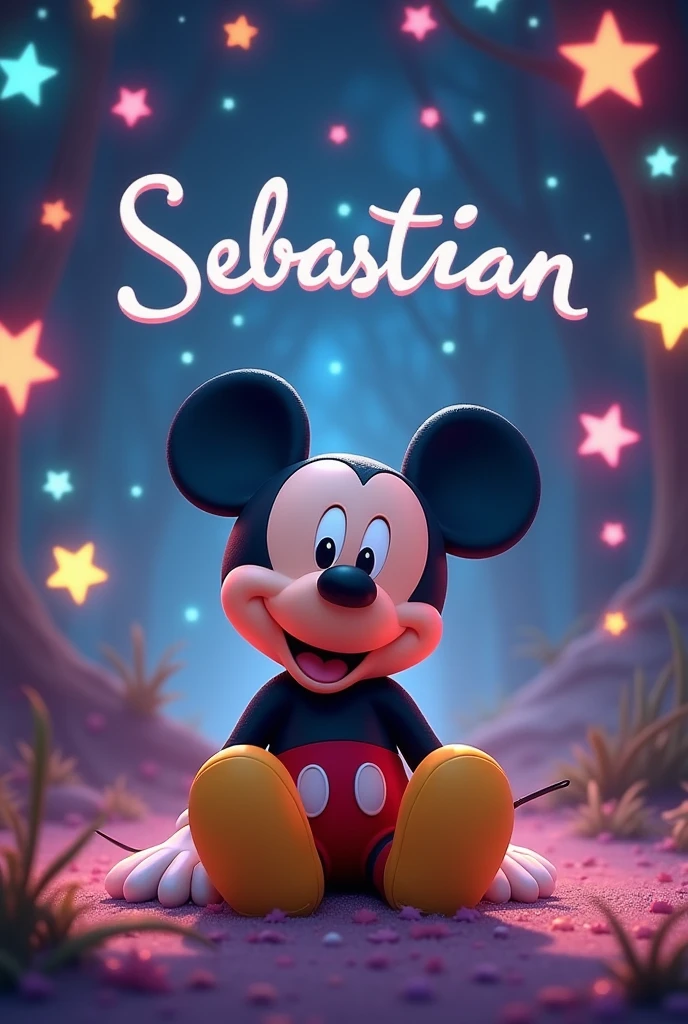 Image of Micky Mouse sitting with colorful stars in the background and ...
