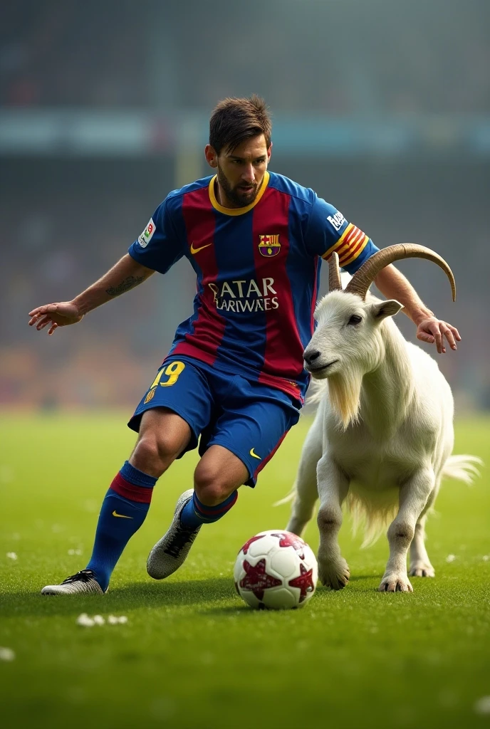 Lionel Messi playing football with goat„on grassy field„Barcelona kit ...
