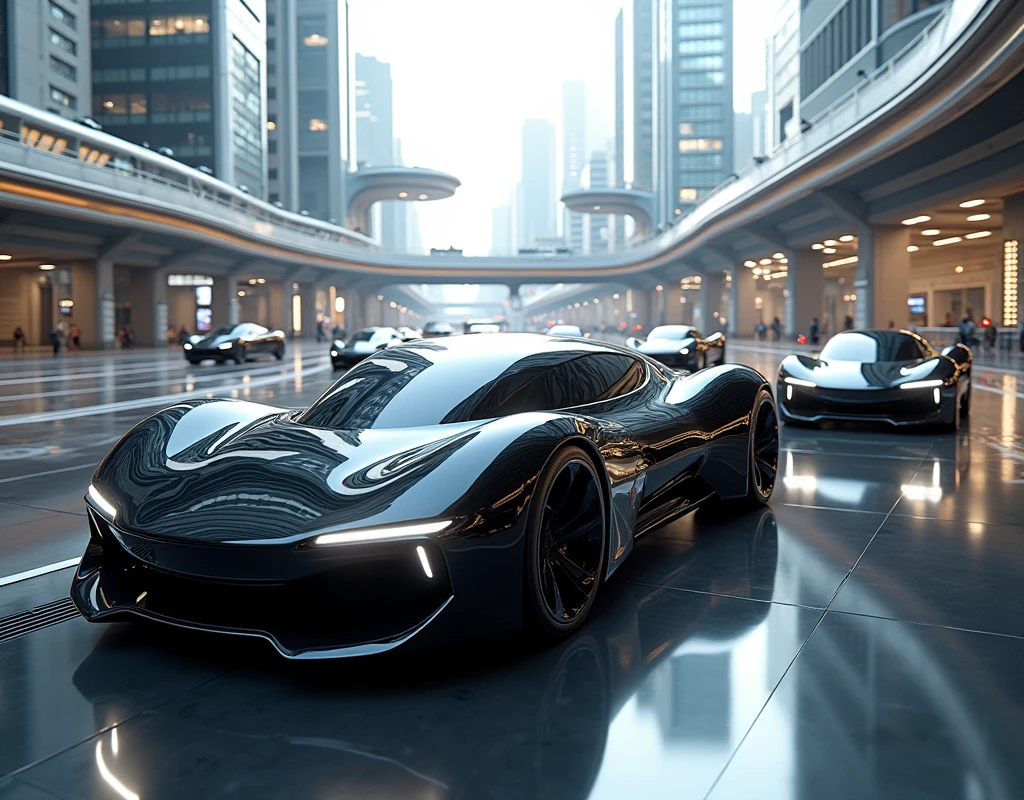 Design cars of the future world on urban roads, black - SeaArt AI
