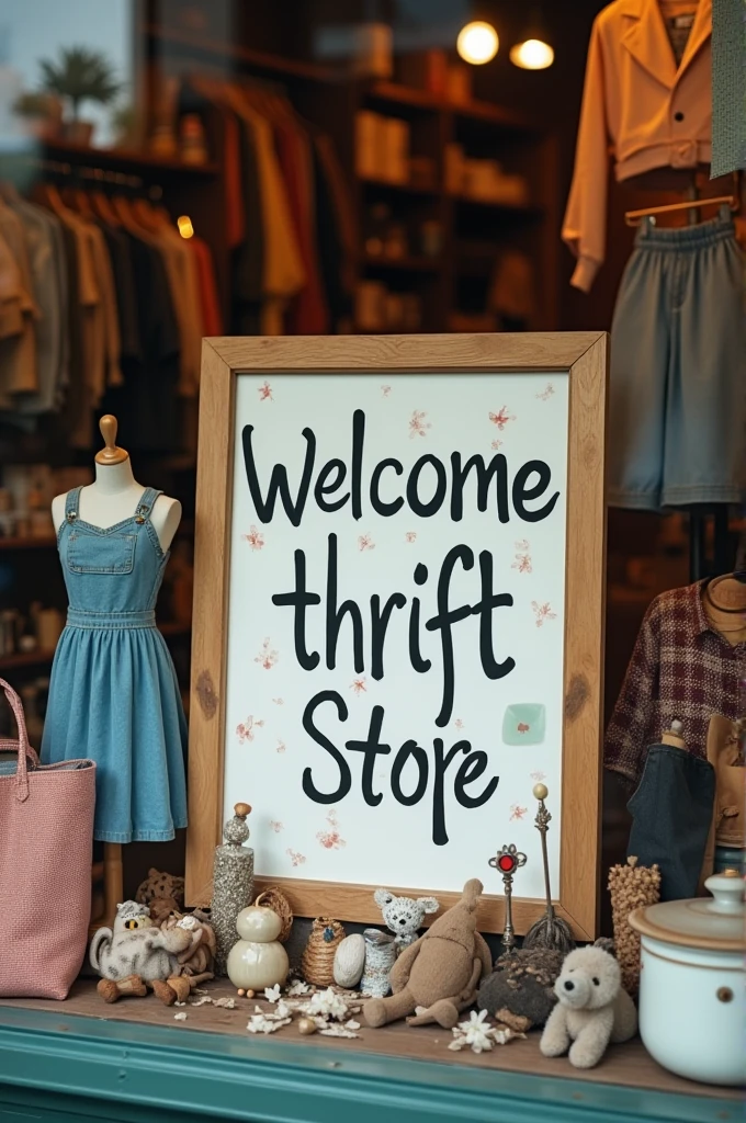 Sign written on the thrift store dot and other merchandise - SeaArt AI