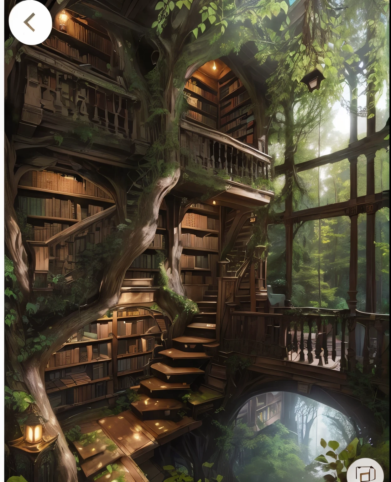 There is a tree house with a staircase and a tree in the middle - SeaArt AI