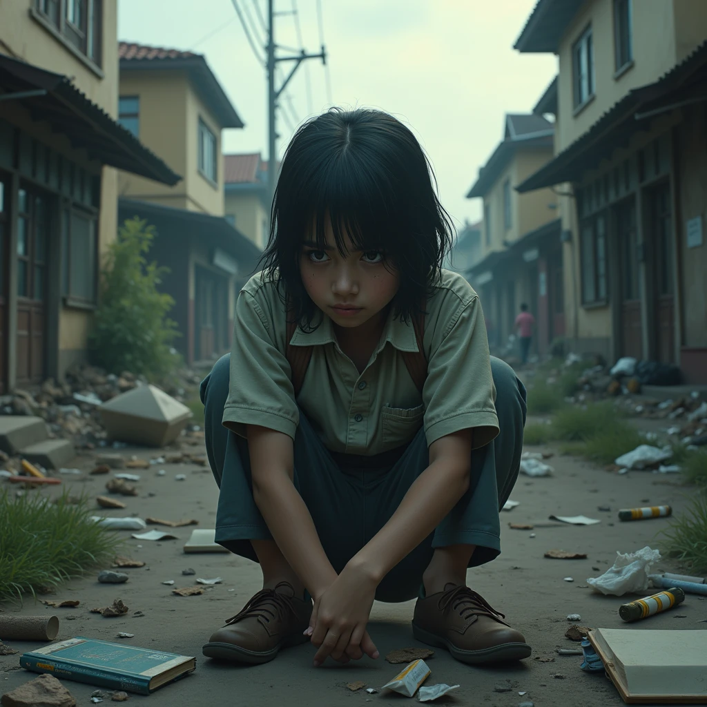 Create a student looking so sad thinking about his arguing parents ...