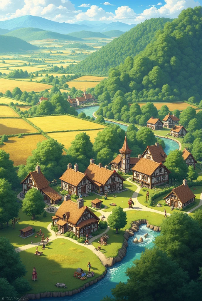 A wide view of a village with houses, fields, and a flowing river ...