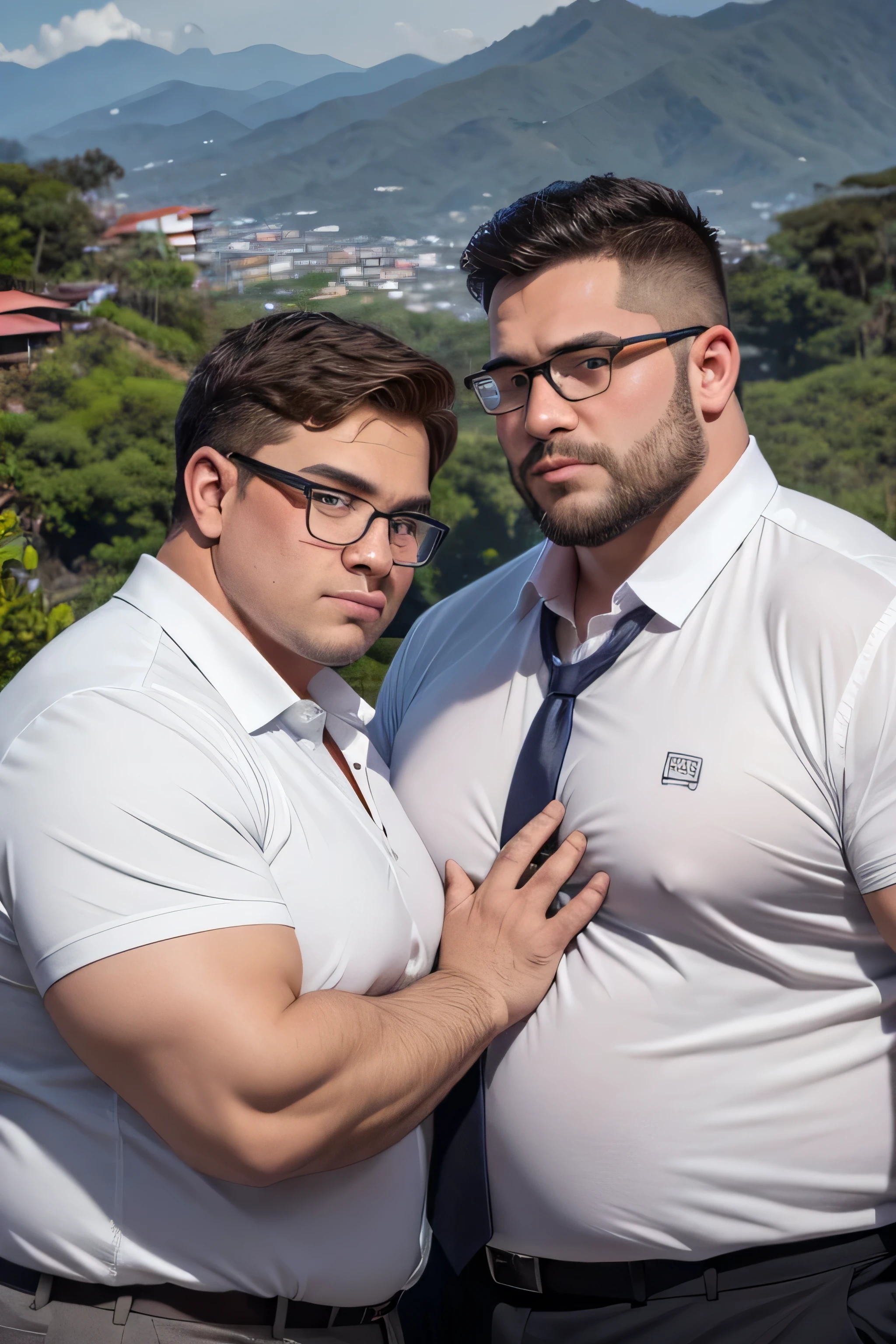 They are two men standing next to each other with a mountain in the ...