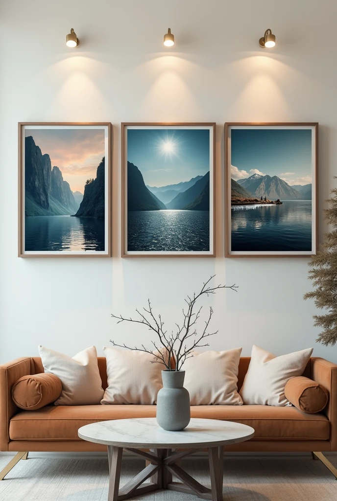 On a wall there are three passport-style frames with beautiful images ...