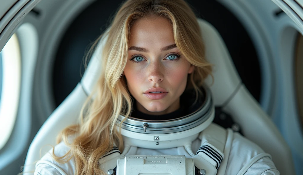 Close UP of A beautiful blonde female astronaut without a helmet ...