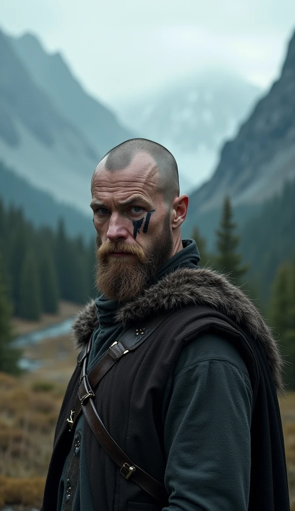 Floki, half bald, crazy face, face painted with a line of paint under ...