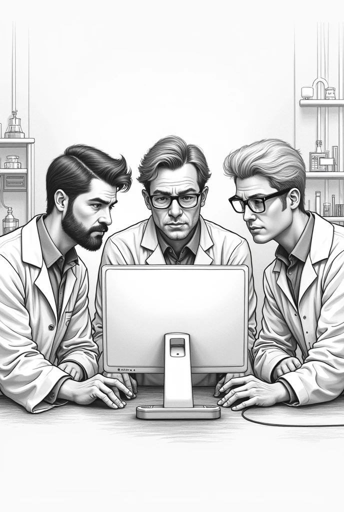 Drawing of three scientists watching a screen - SeaArt AI
