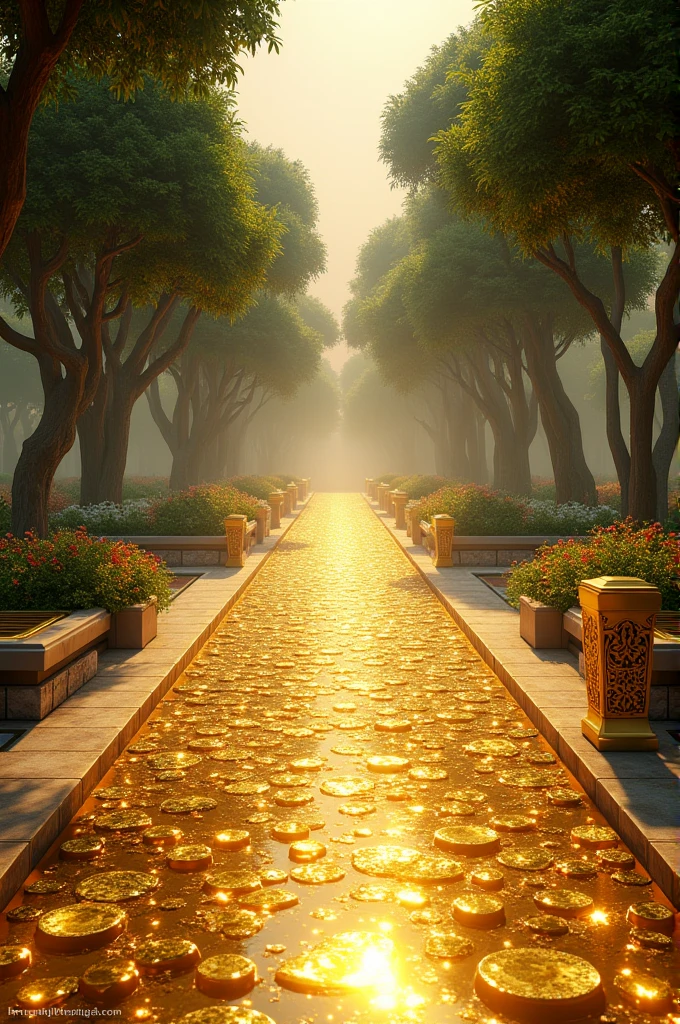 A path paved with lots of gold and precious stones , the banks fruit ...