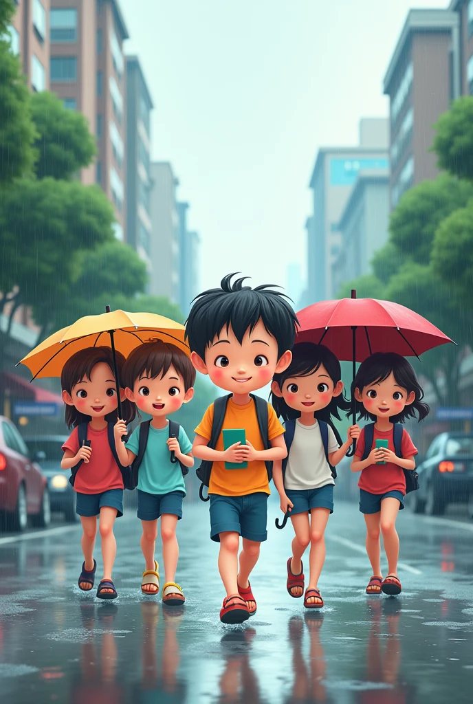 A 5s goto school.in rain.they take umbrella.and they wera slippers on ...