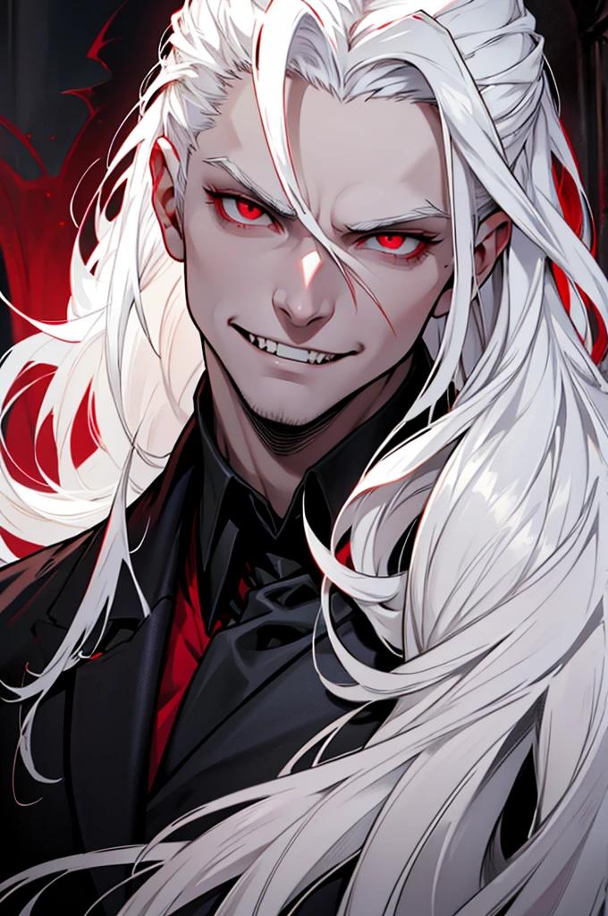 Tall, White man, Long white hair, Red eyes, shining eyes, fangs - SeaArt AI