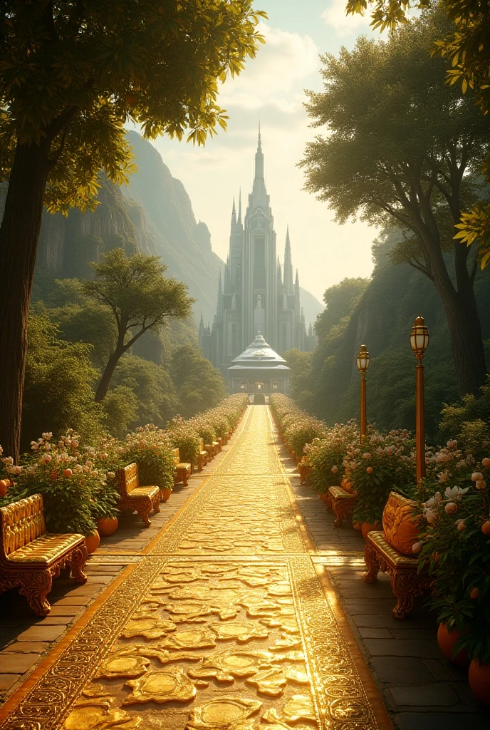 A path paved with lots of gold and precious stones , the banks fruit ...
