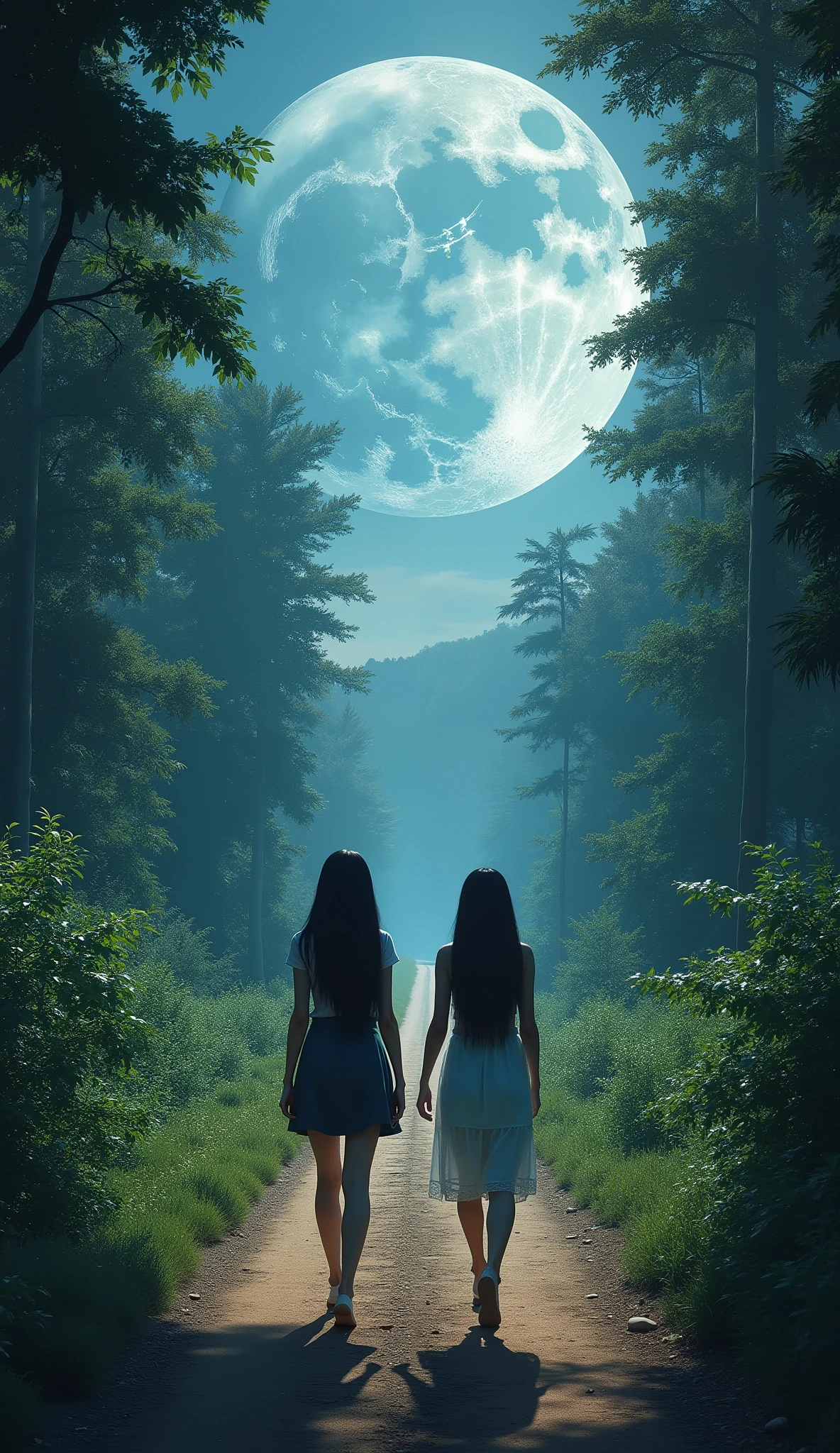 Two women walking down a dirt road towards a full moon - SeaArt AI