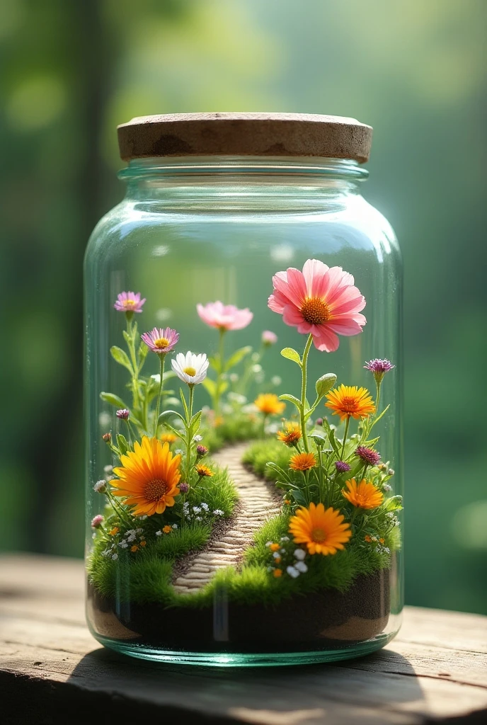 Glass jar with a path and flowers inside - SeaArt AI
