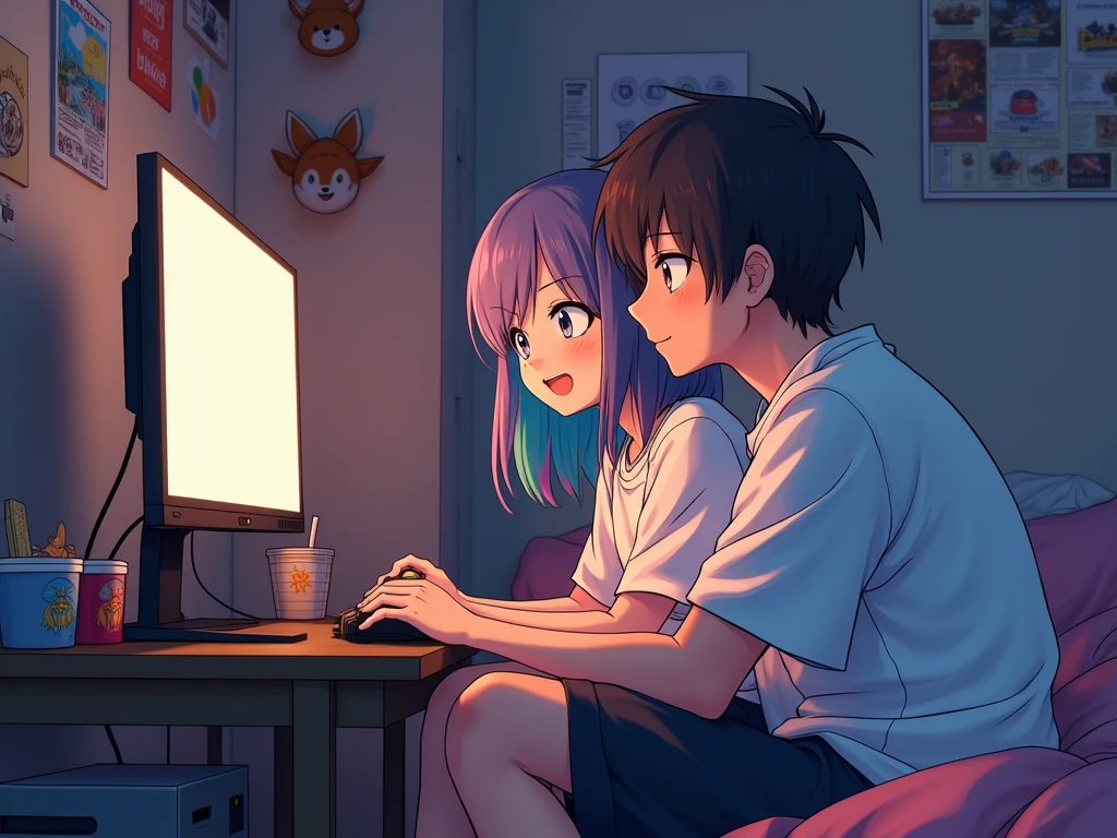 Make me an image of an anime gamer couple , with a girl and a boy ...