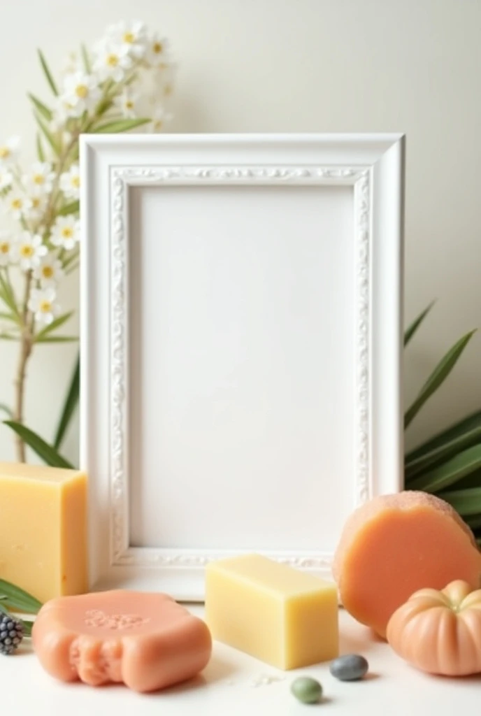 White picture frame , with handmade soaps around - SeaArt AI