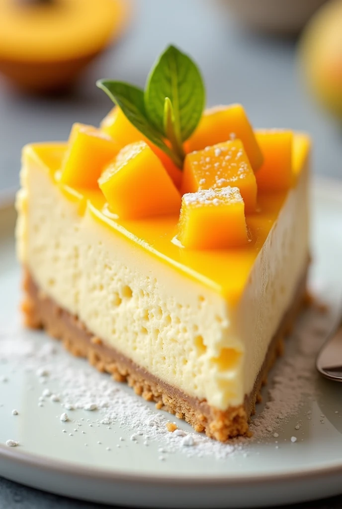 Mango cheesecake slice with mango chunks for decoration - SeaArt AI