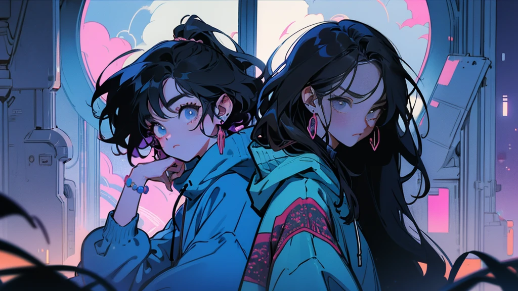 80s anime style, alone, beautiful woman with long, straight black hair ...