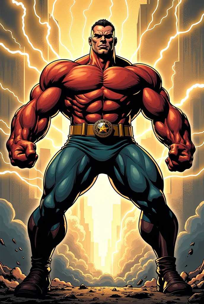 American Comics。A strong man is squatting with his stomach in check ...