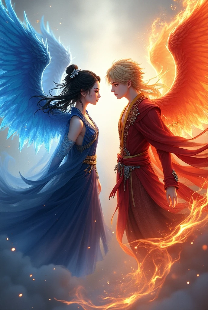 Anime, yin yang. Woman with blue fire wings , blue eyes , raven - SeaArt AI