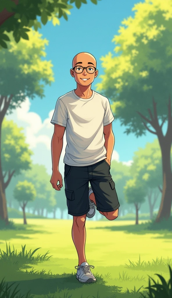 Anime, Indonesian young guy, tan skin, bald, eye glasses, wearing white ...