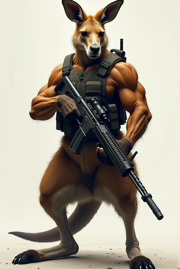 An adult kangaroo wearing a vest and gun with a lot of fighting muscles ...