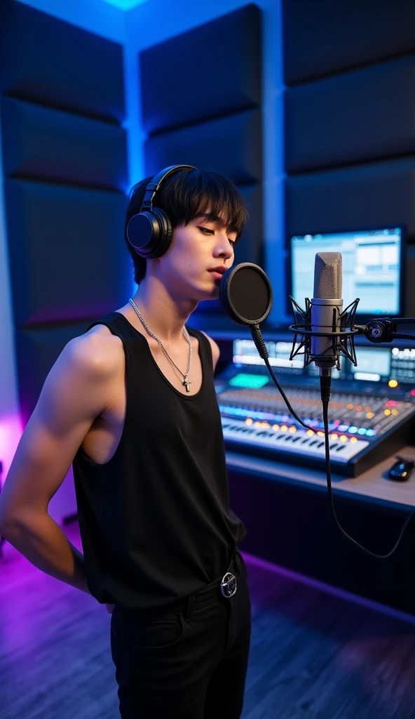 Wonwoo Seventeen ,idol K-Pop,A young male singer recording vocals in a ...
