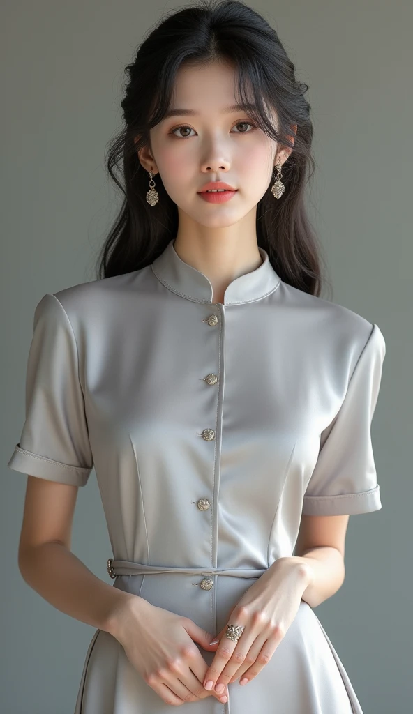 An elegant girl (clothing color soft light gray) with a light gray ...