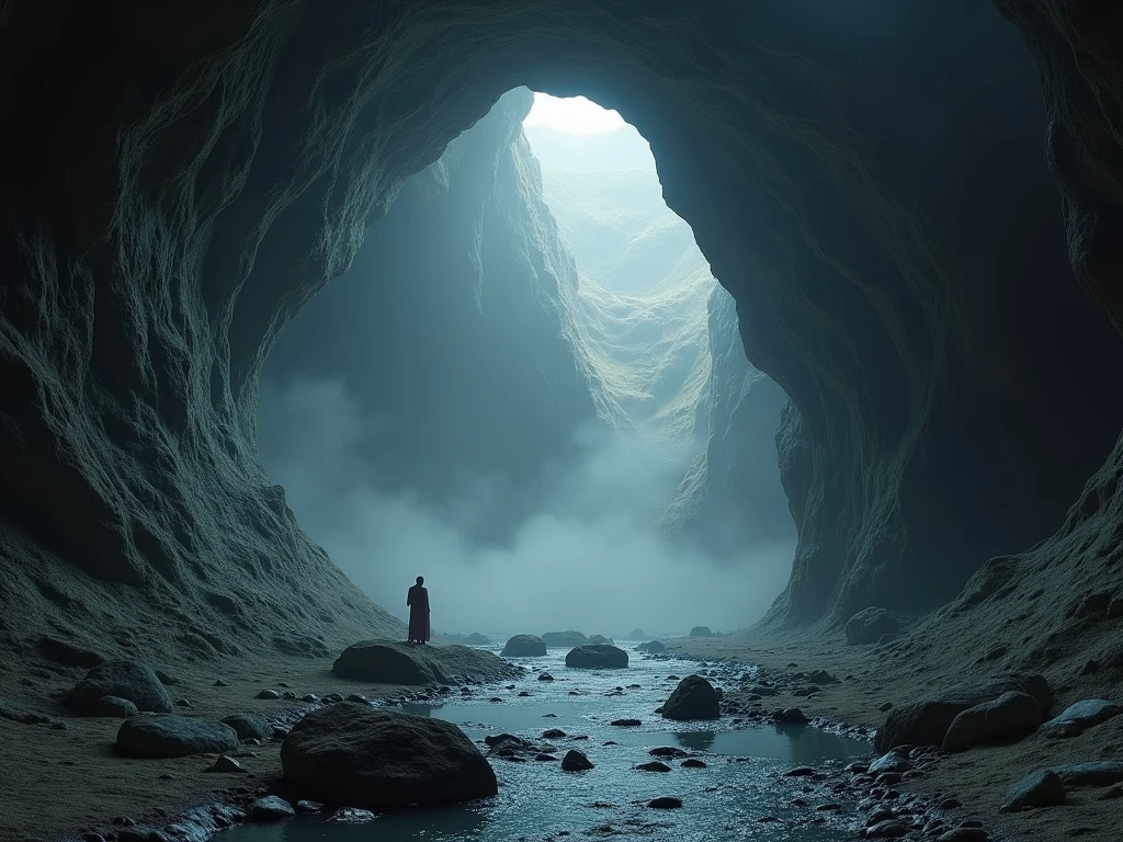 No characters,, a grotto surrounded by rugged rocks with a dark ...