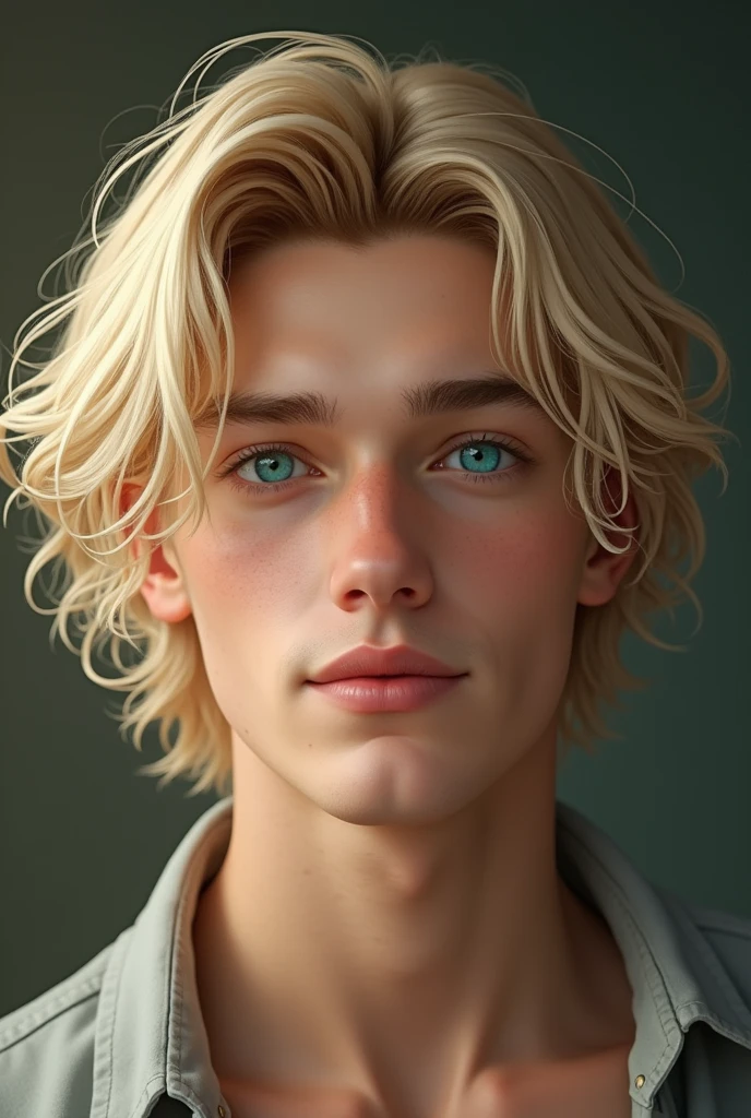 Handsome young man with long blond hair, white complexion and turquoise ...