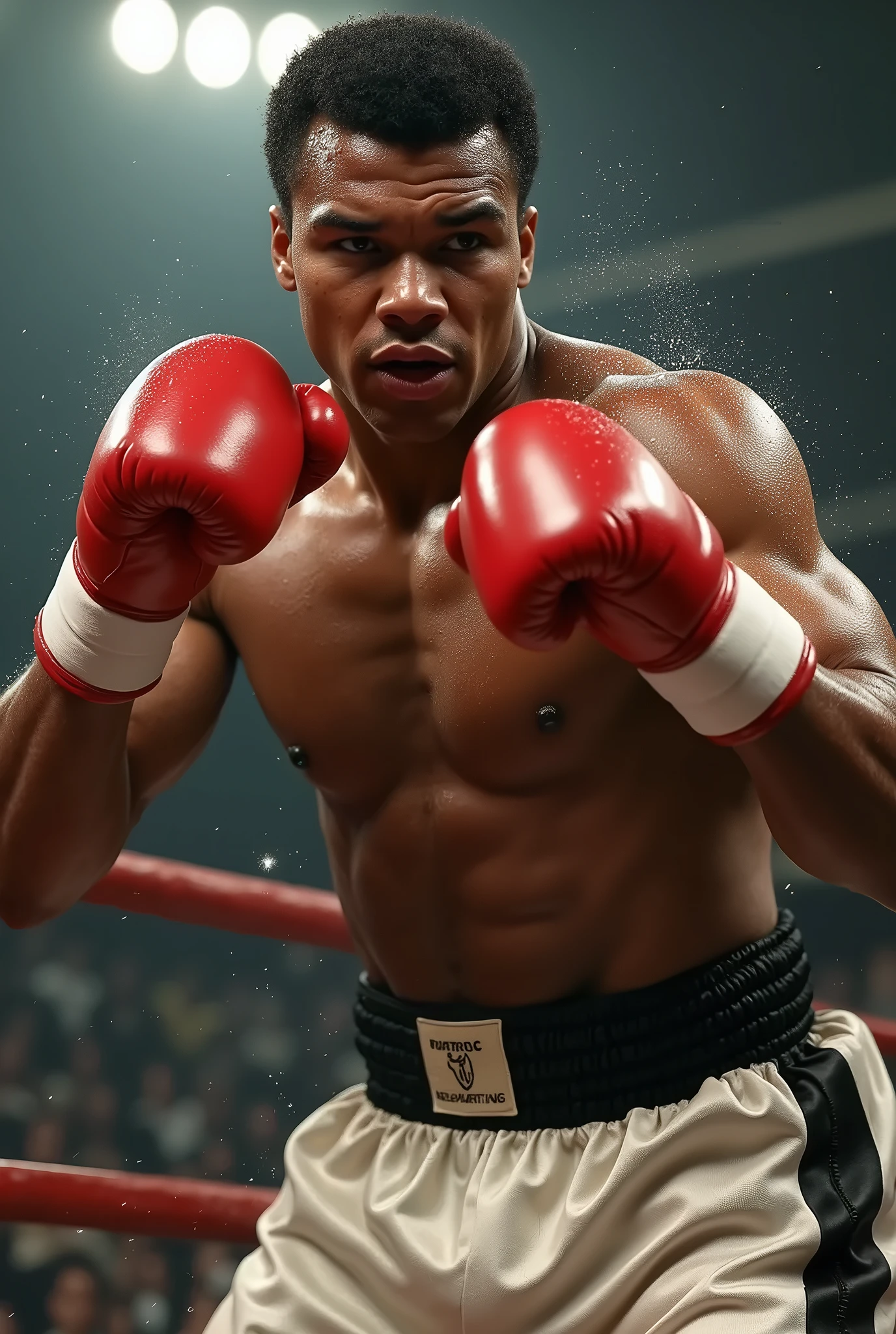 Muhammad Ali,punching.motion blur, in the boxing ring, seweat - SeaArt AI