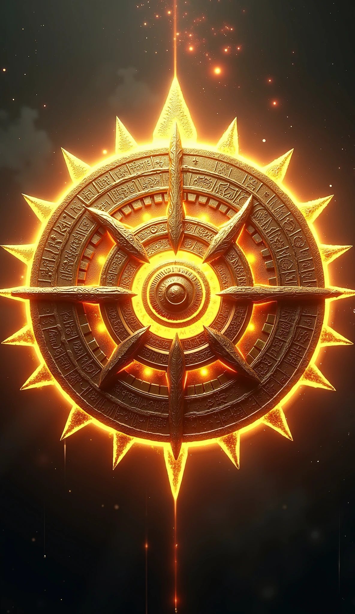 : "A powerful, golden Sudarshana Chakra with intricate detailing ...