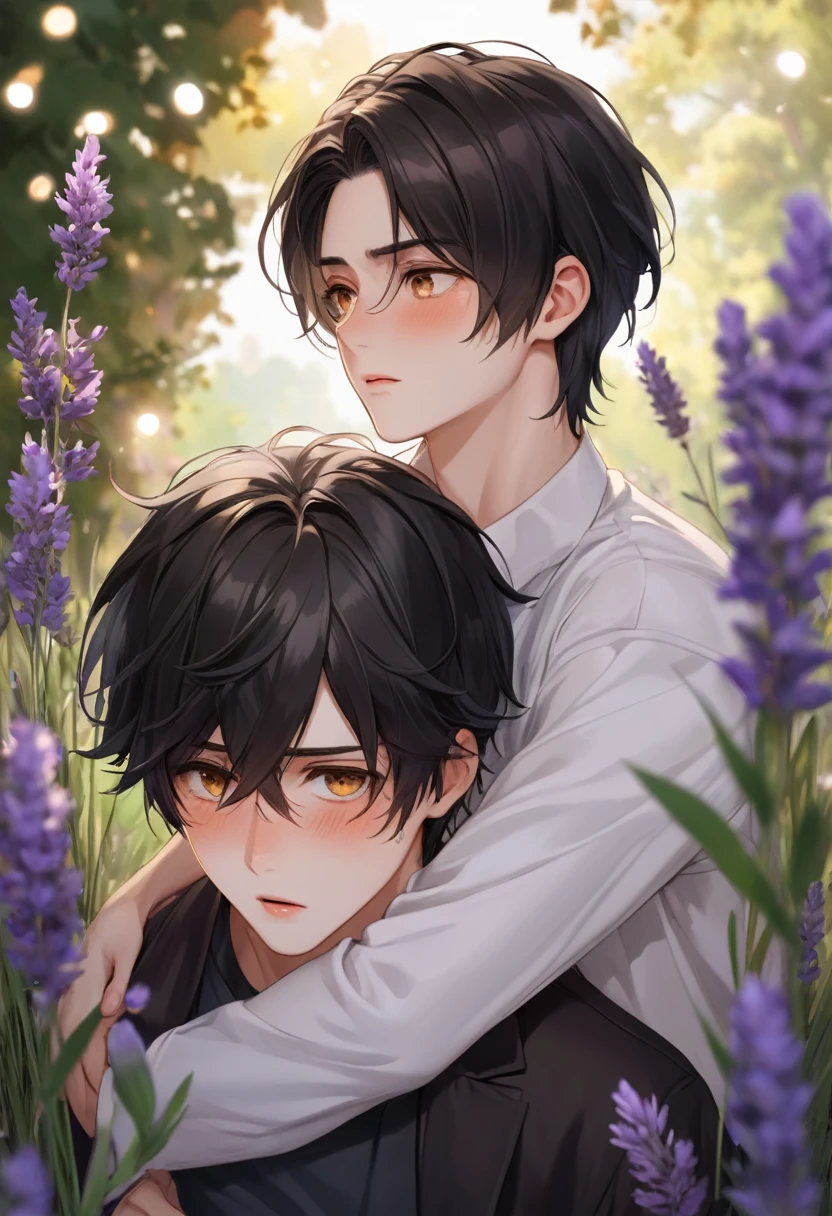 2 guys обнимаются стоя посреди цветочного сада. One has black hair and ...
