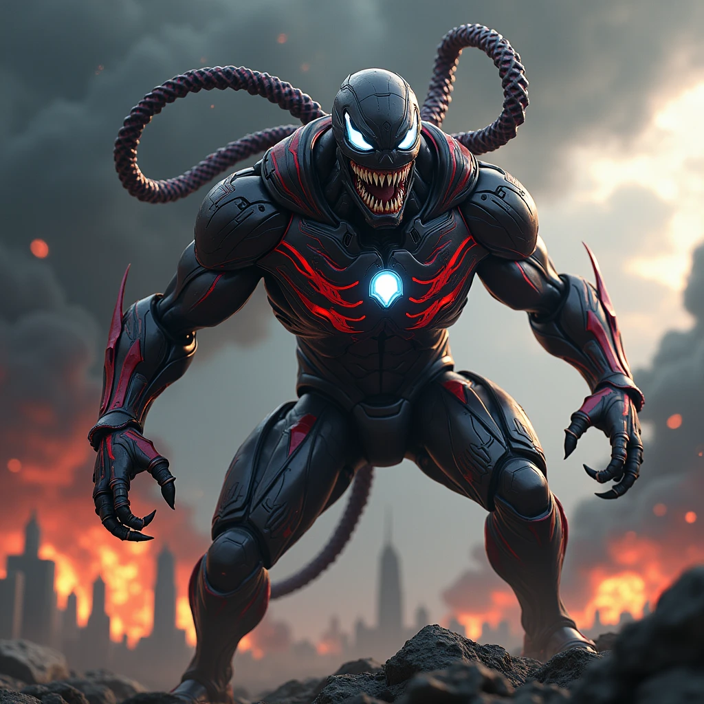 Design a realistic hybrid entity seamlessly blending Iron Man and Venom ...