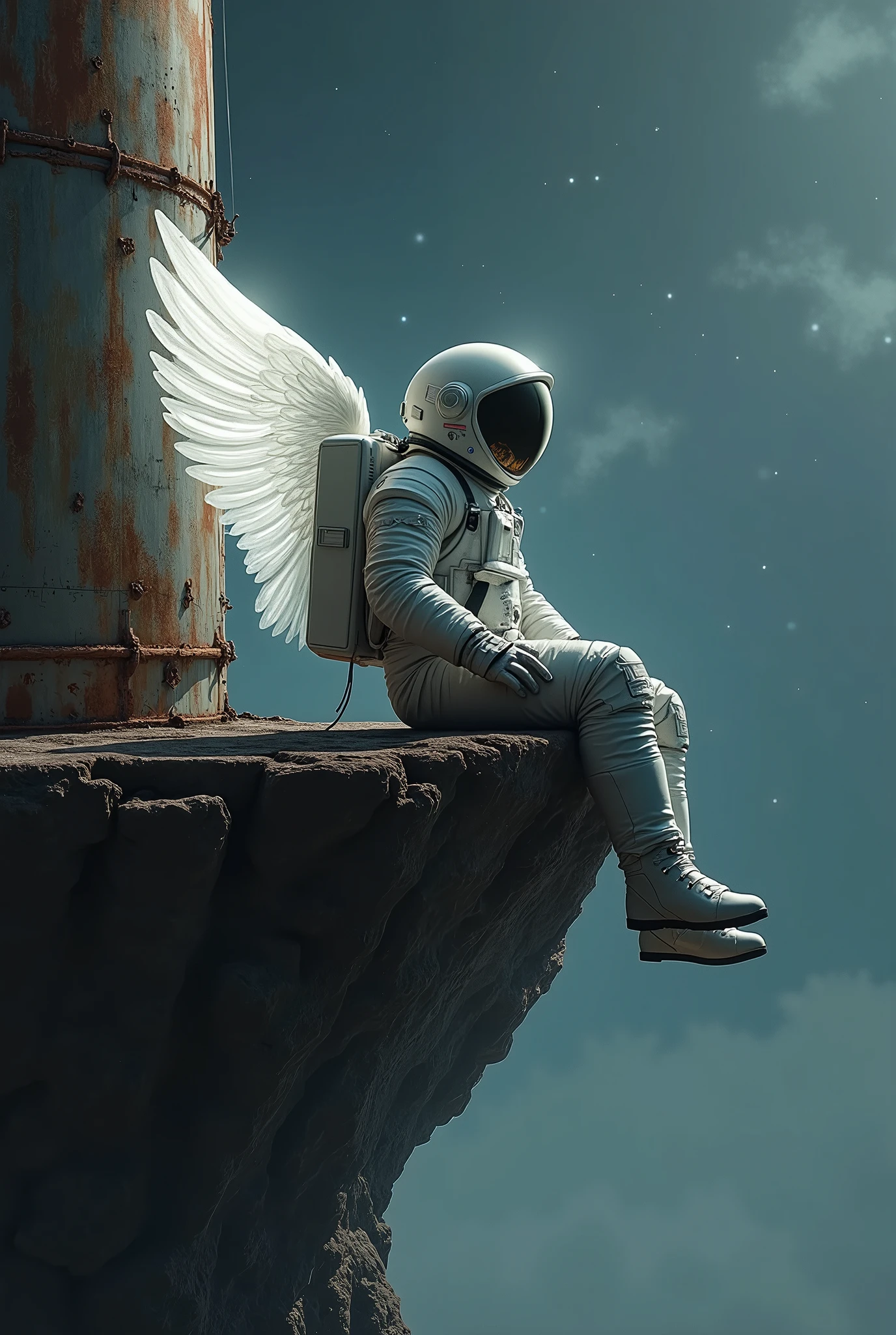 Arafed astronaut sitting on a ledge with wings on his back - SeaArt AI