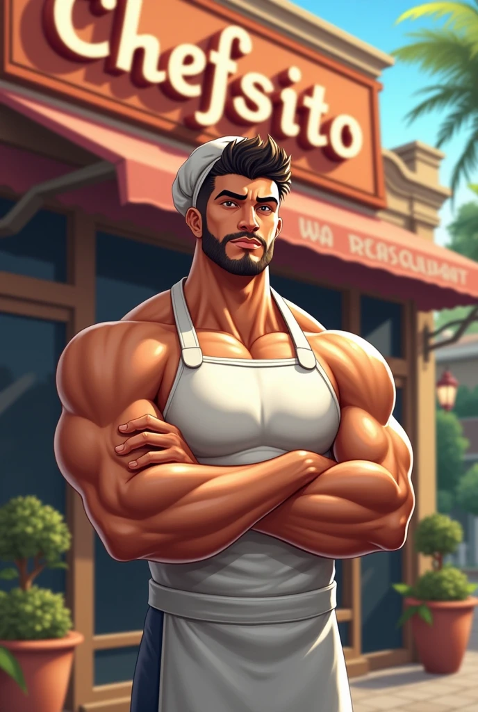 Picture of a muscular young man , professional chef in front of his ...