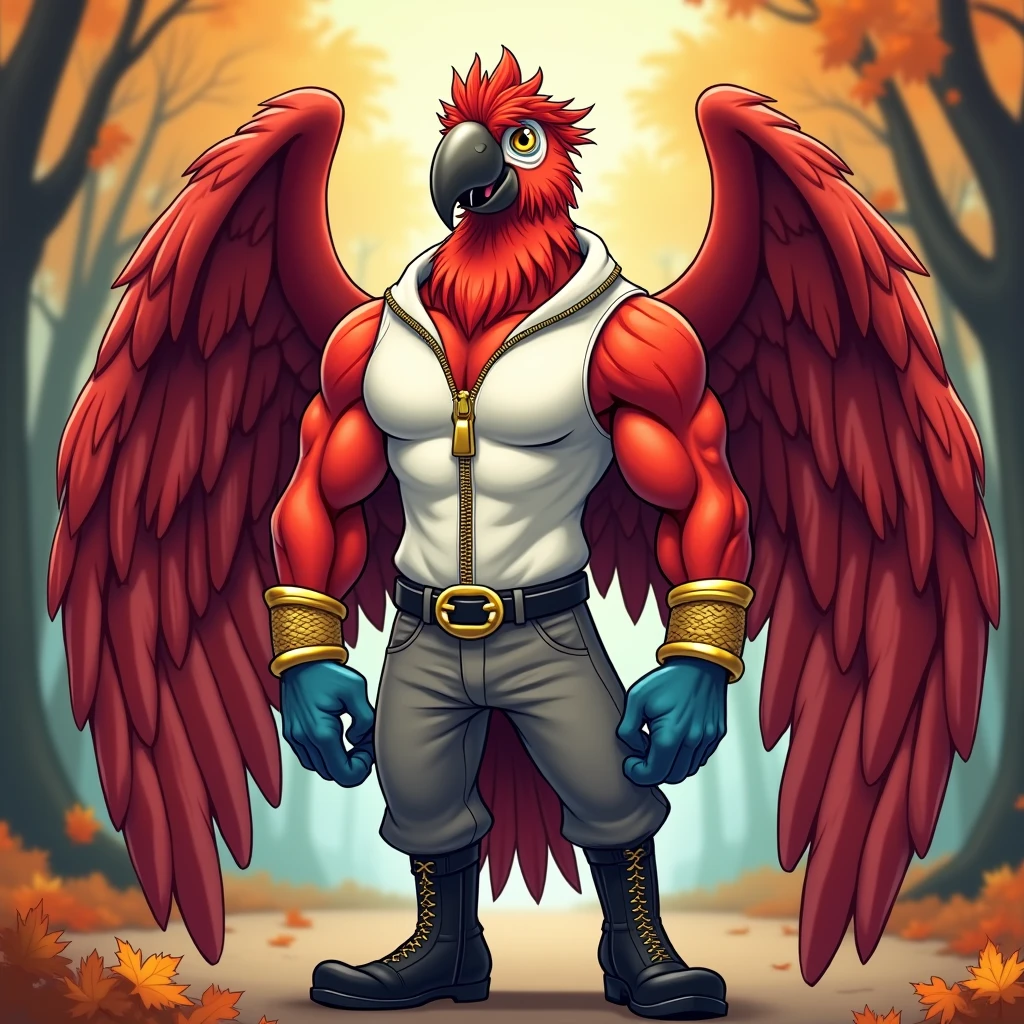 Red muscular winged parrot in gold bracelets, wearing black boots ...