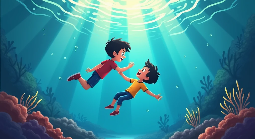 Create a illustration showing underwater scene with two friends of age ...