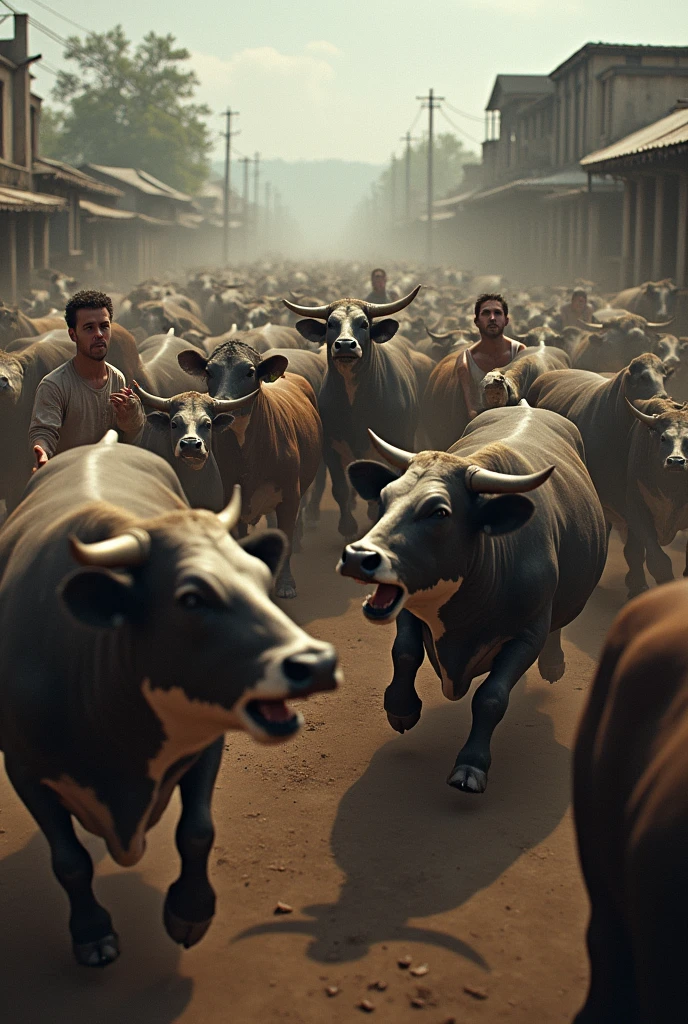 Cows attack people somewhere - SeaArt AI