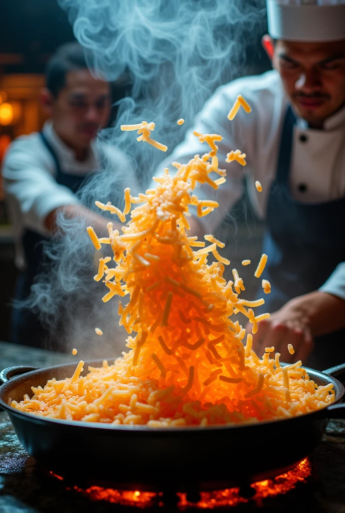 Image of a chef , cooking fried rice . Fried rice soared into the air ...