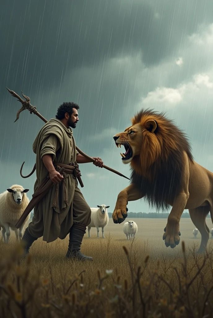 The scenario presents a stormy day, with rain falling on an open field ...