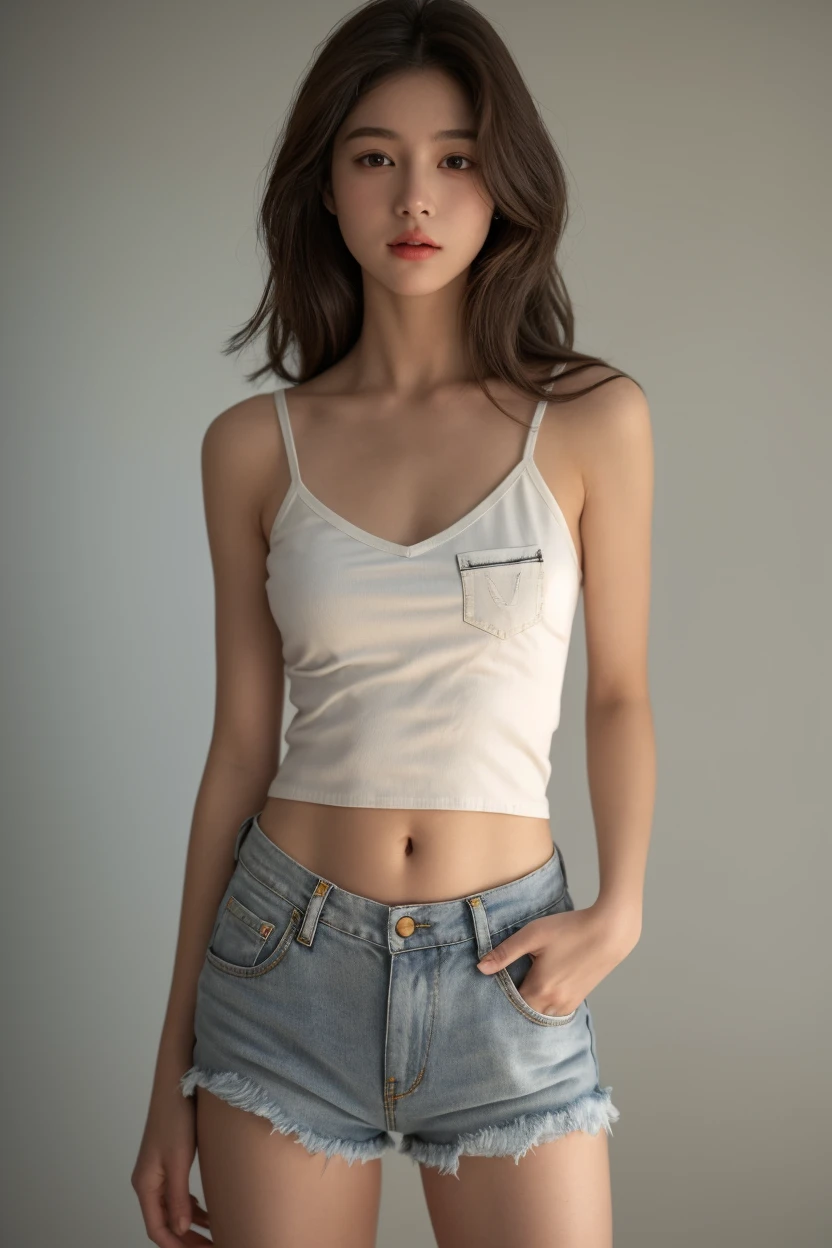 A close up of a woman in a white top and denim shorts - SeaArt AI