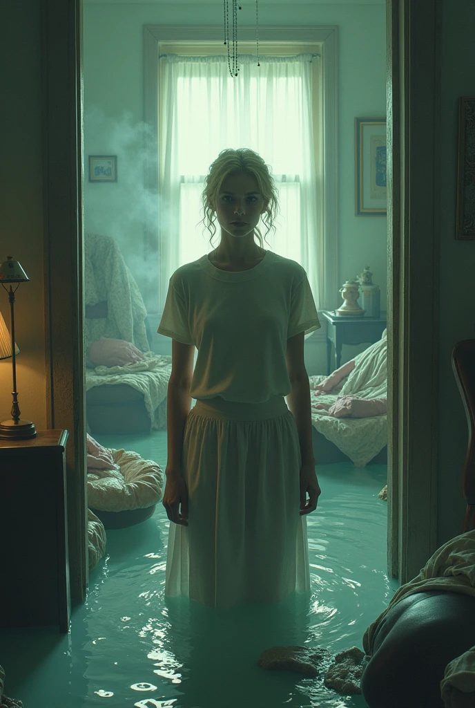 A blond woman in the middle of a flooded house with some things boyling ...