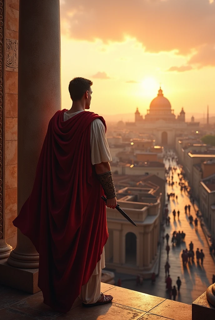Wide angle, Caesar watching the view from the balcony of his palace in ...