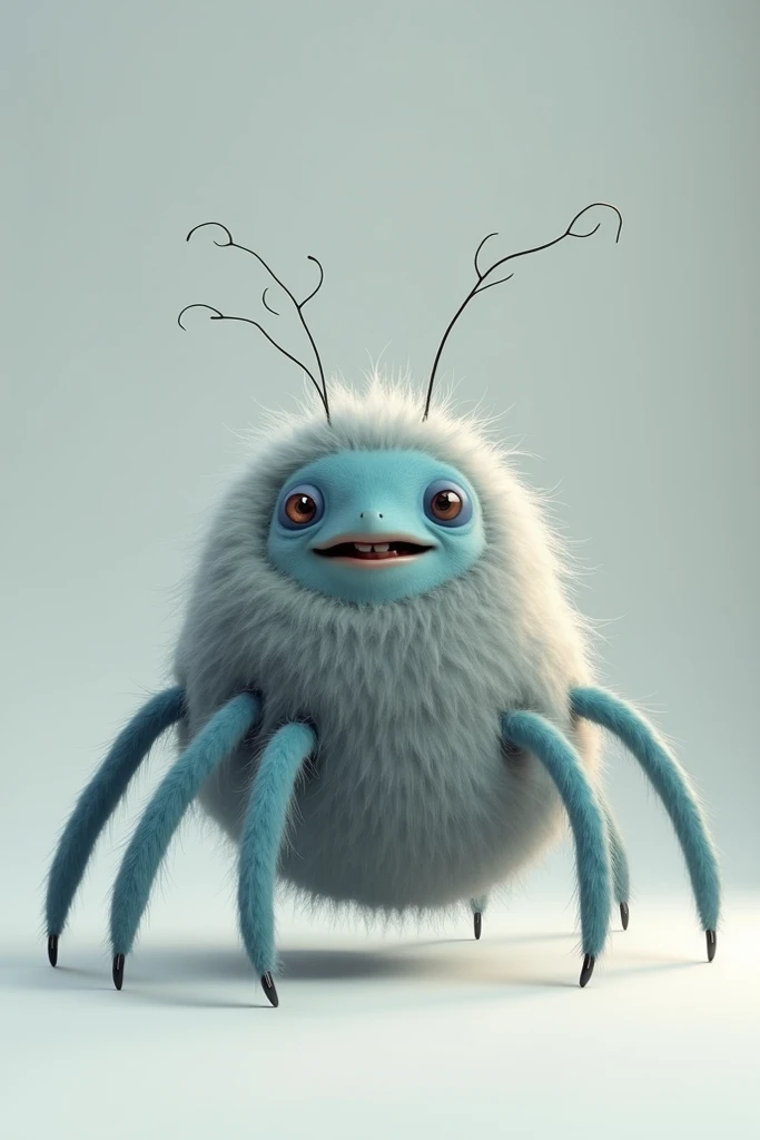 Grey and blue hairy worm , with four long legs and friendly face ...