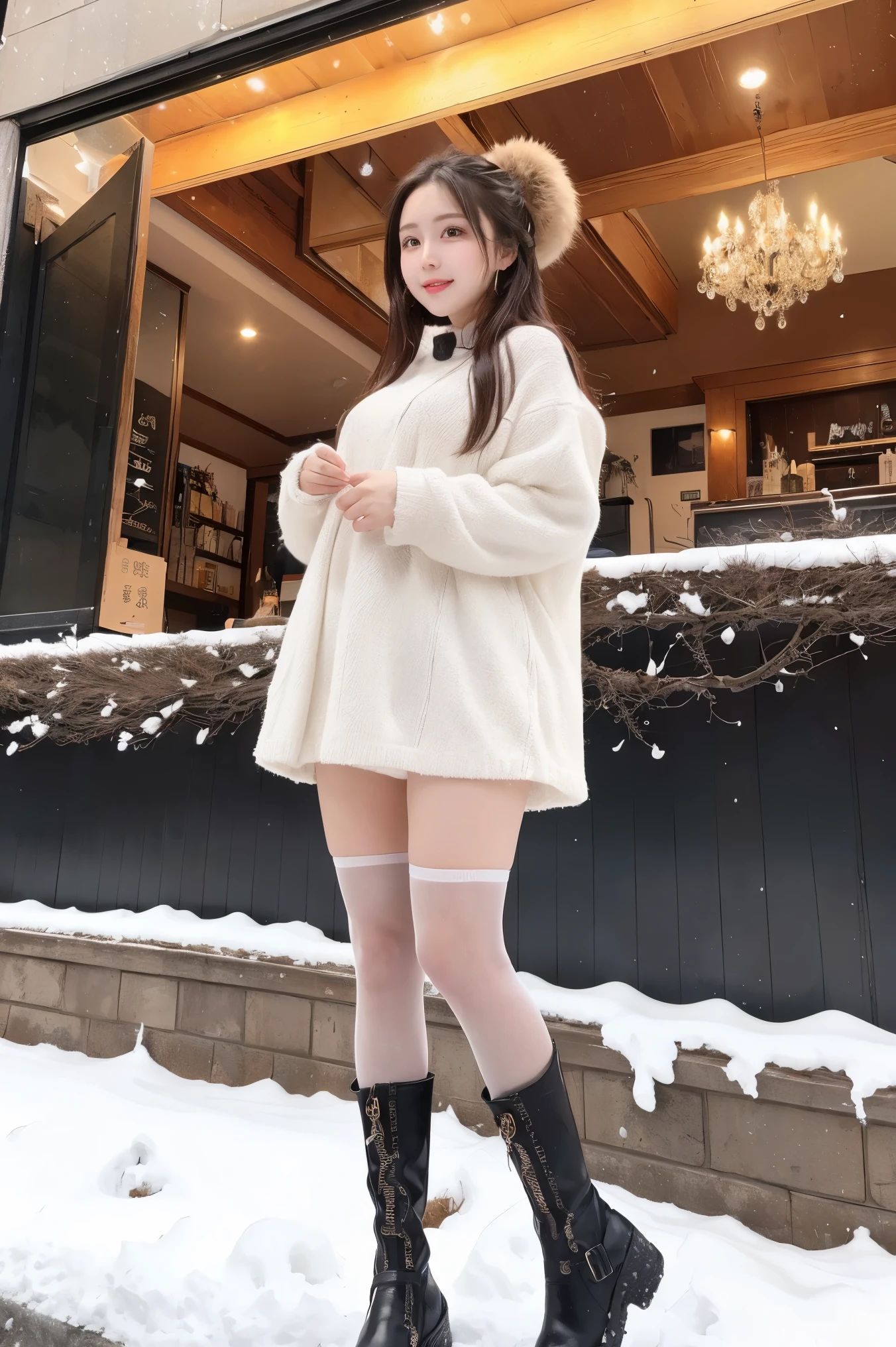 There is a woman standing in the snow wearing a white coat - SeaArt AI